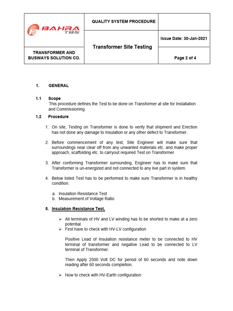Transformer Site Testing Procedure | PDF | Transformer | Voltage