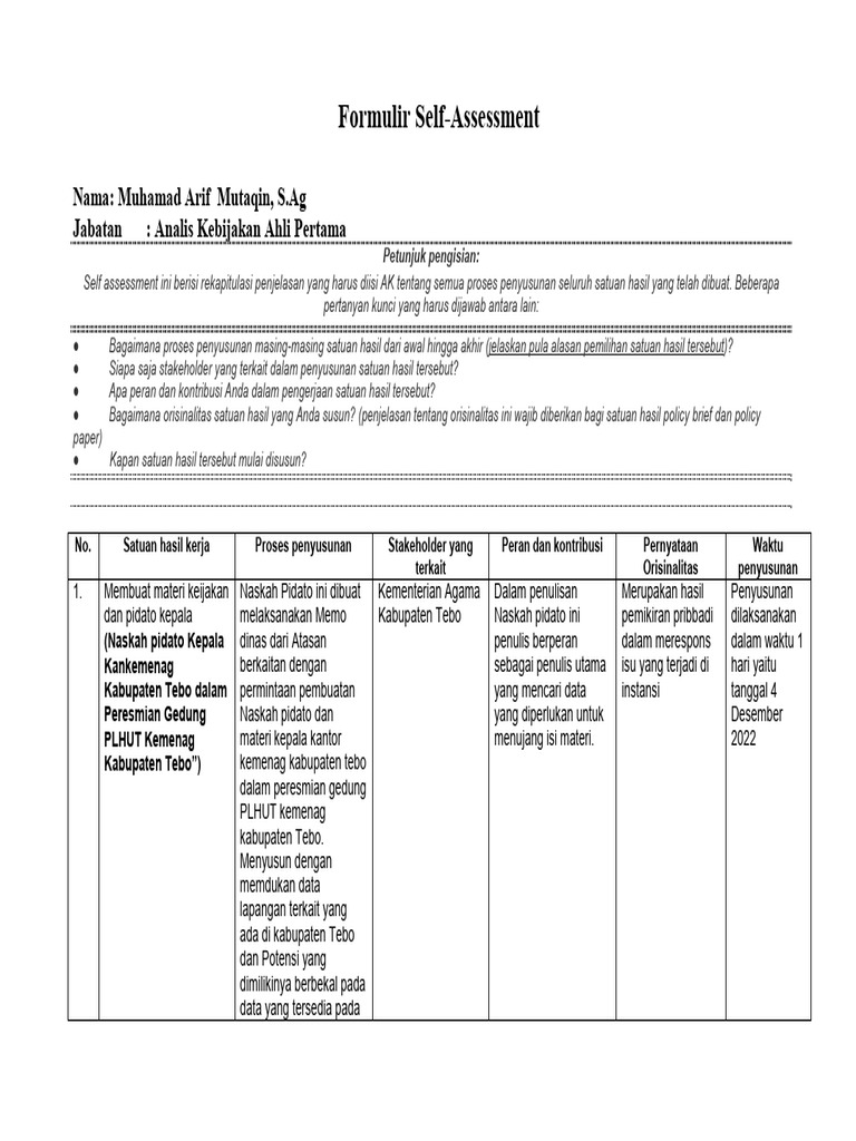 Contoh - Form Self Assessment - Salin | PDF