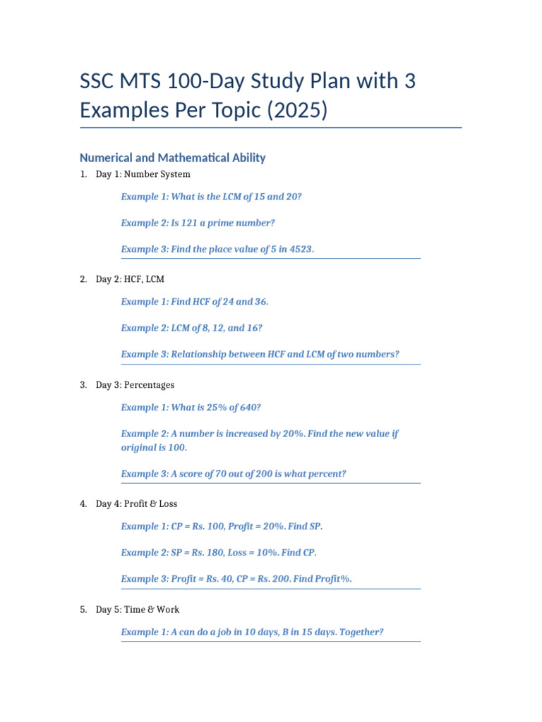 SSC MTS 100 Day Study Plan With 3 Examples Per Topic | PDF