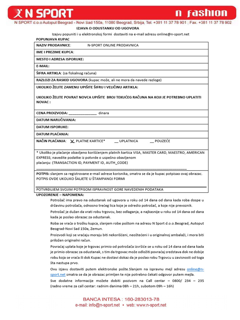 Obrazac Za Odustanak Od Ugovora 01-03-0224 | PDF