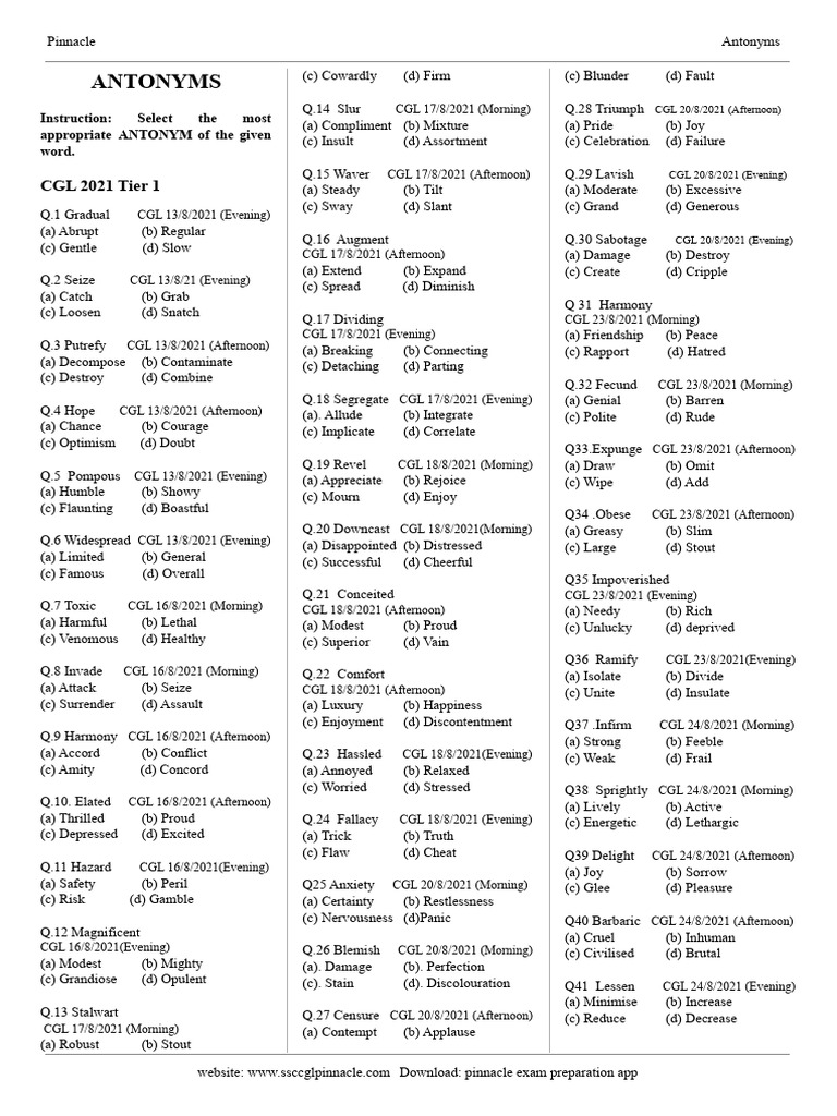 Antonyms Practice | PDF | Anxiety | Feeling