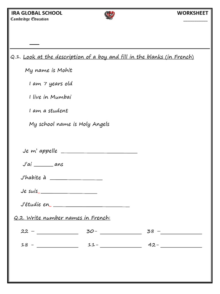 GR 2 French Revision Worksheet - Appraisal 1 | PDF