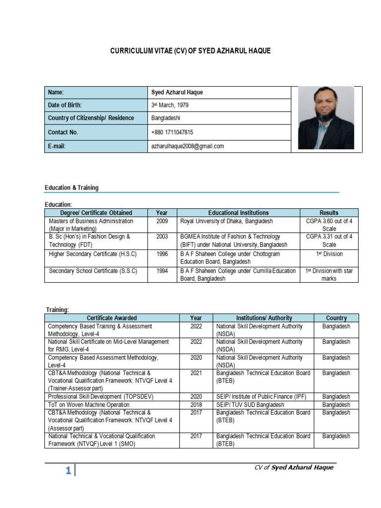 Curriculum Vitae (CV) of Syed Azharul Haque: B. SC (Hon's) in Fashion Design & | PDF | Textiles ...