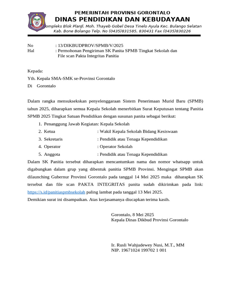 13 Surat Permohonan Pengiriman SK Panitia SPMB Tingkat Sekolah | PDF