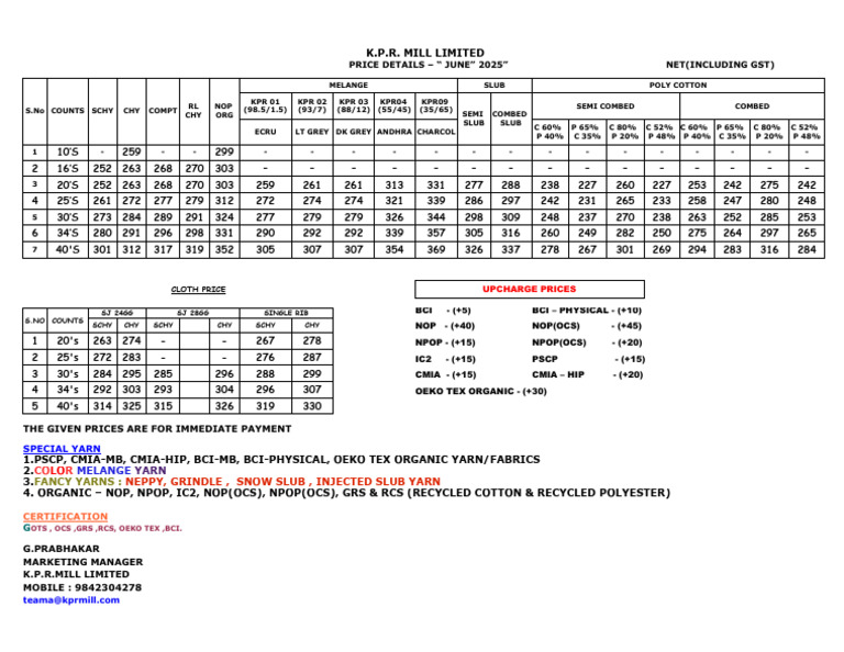 KPR Mills Yarn Price List - June 2025 | PDF | Textiles | Textile Industry