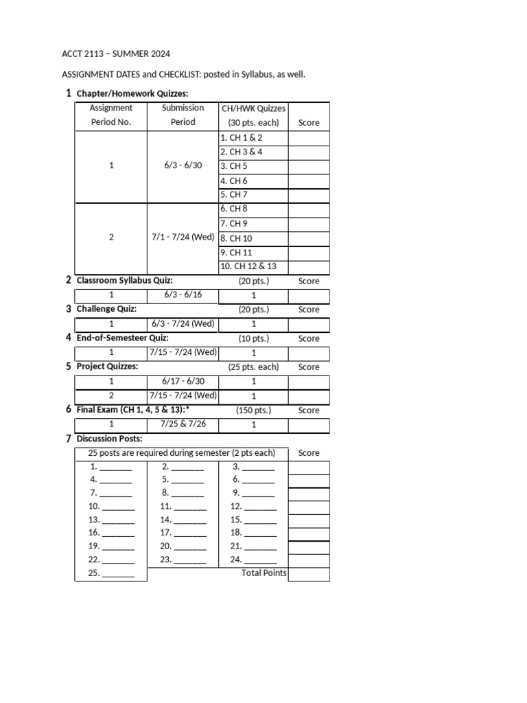 ACCT 2113 - Assignment Dates Checklist - SUMMER 2024 | PDF