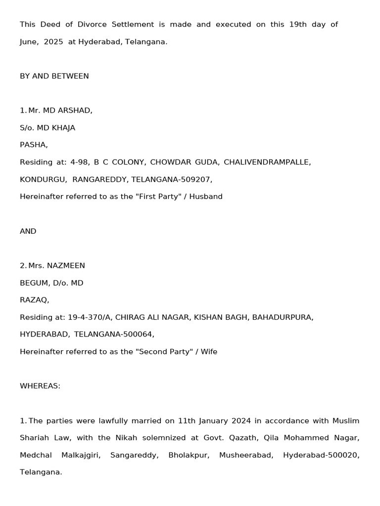 Divorce Settlement Deed MD Arshad Nazmeen Begum | PDF | Islamic Jurisprudence | Social Institutions
