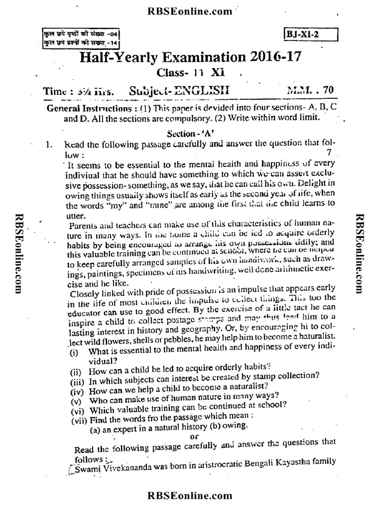 Rajasthan Board Class 11 Hy English 2017 | PDF