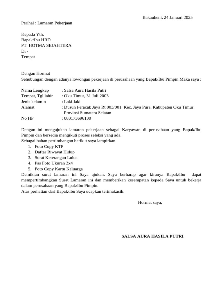 SURAT LAMARAN Salsa Aura Hasila Putri | PDF