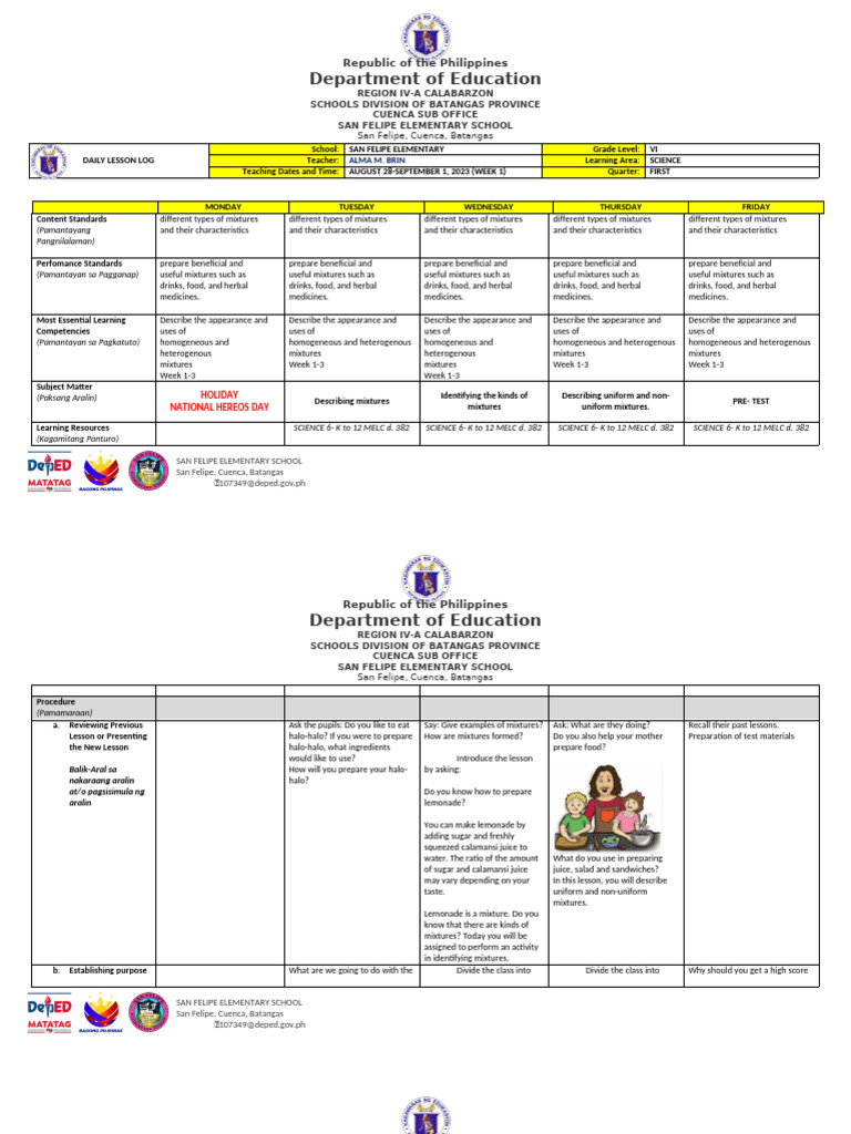 Science 6 DLL Week 1 q1 | PDF | Mixture | Homogeneity And Heterogeneity