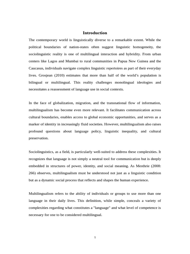 Multilingualism Second Draft | PDF | Multilingualism | First Language