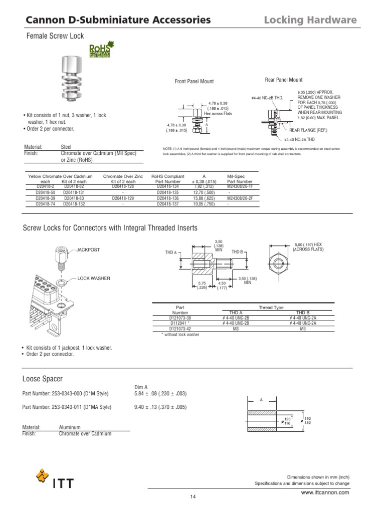 Cannon D-Subminiature Accessories: Locking Hardware | PDF