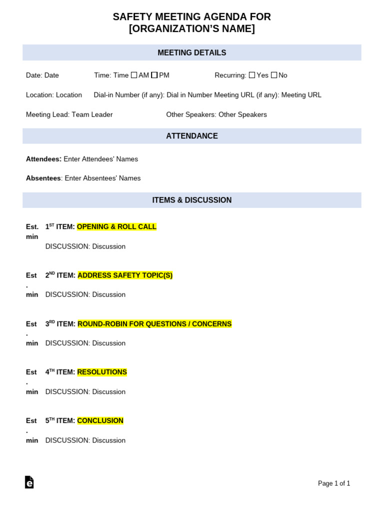 Safety Meeting Agenda Template | PDF