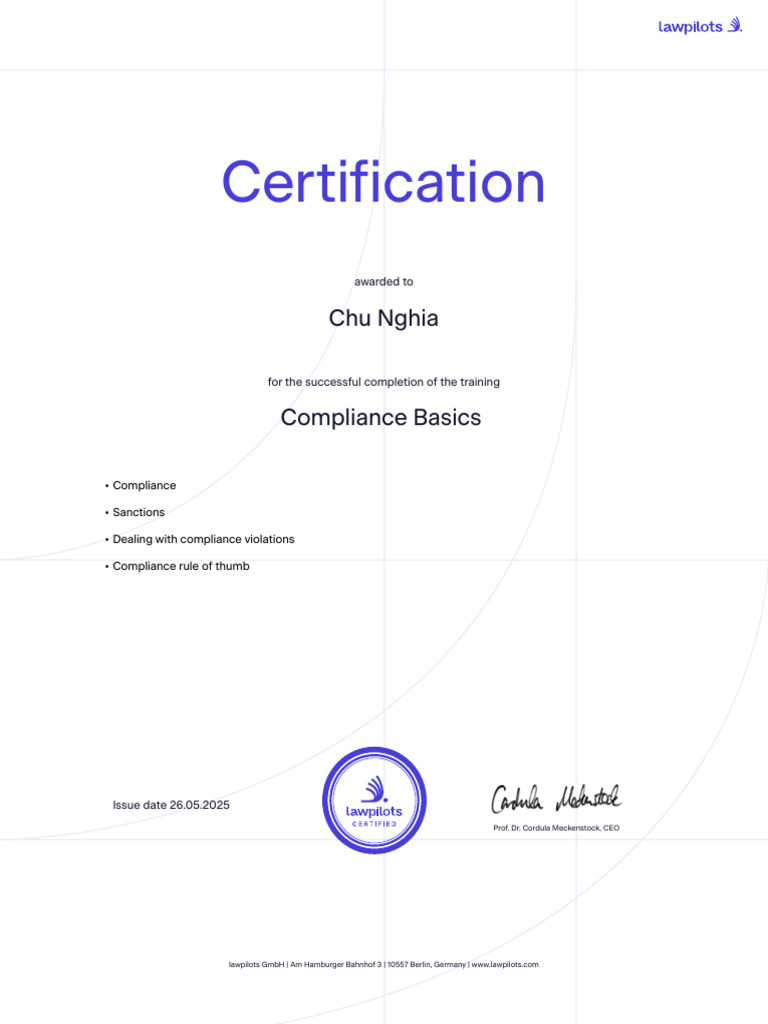 Lawpilots Chu Nghia Esuki 2025-05-26 Compliance Basics | PDF