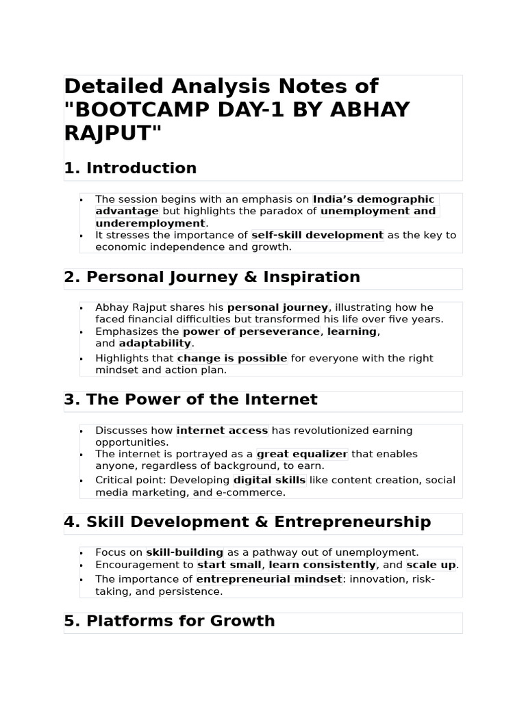 Detailed Analysis Notes of Bootcamp | PDF | Entrepreneurship | Mindset