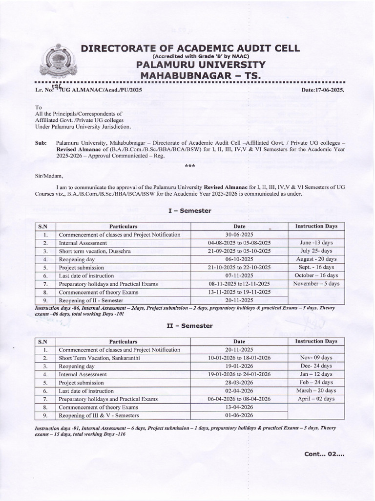 Pu - Ug Revised Almanac For I, II, III, IV, V & Vi Semesters 2025-26 | PDF