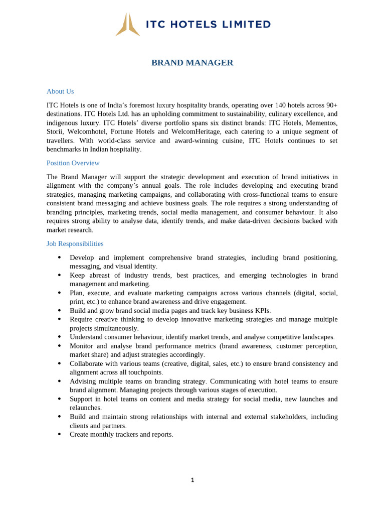 Job Description L Brand Manager | PDF | Brand | Marketing