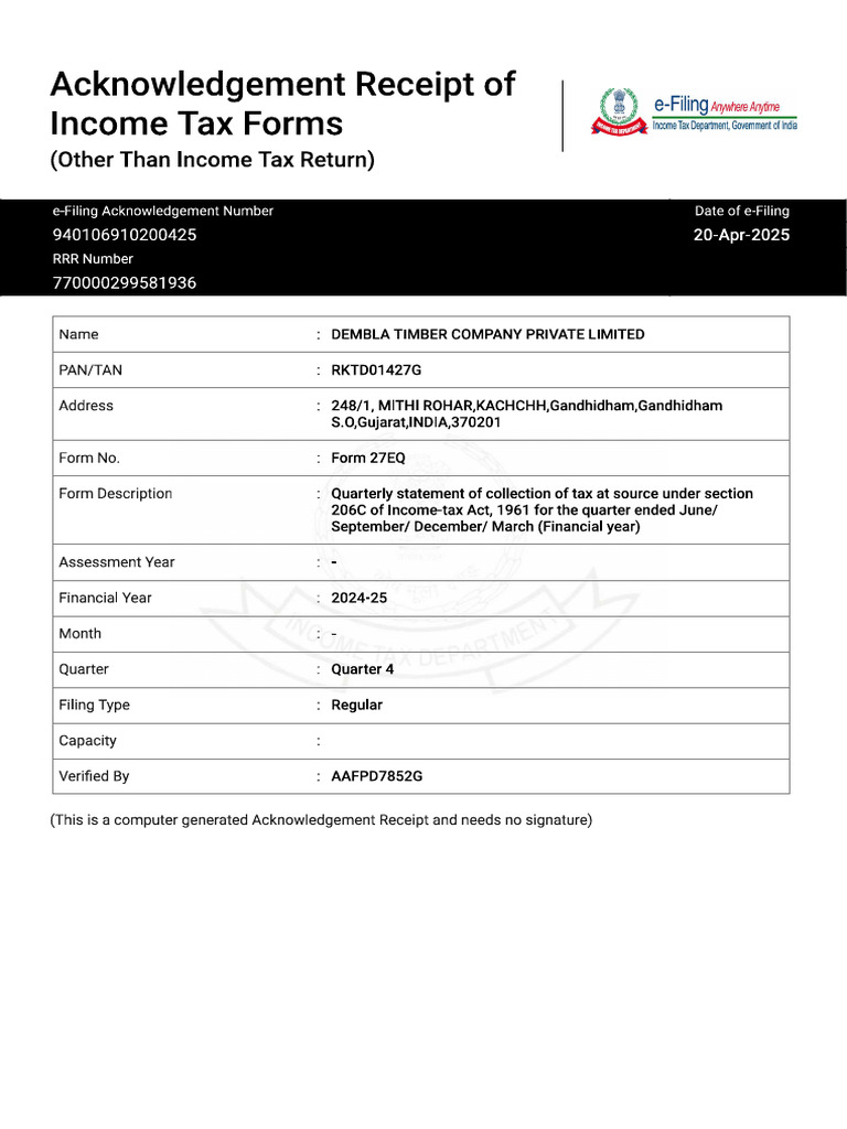 Tds Return Receipt 4th QTR GDM 2024-25 26 Q | PDF