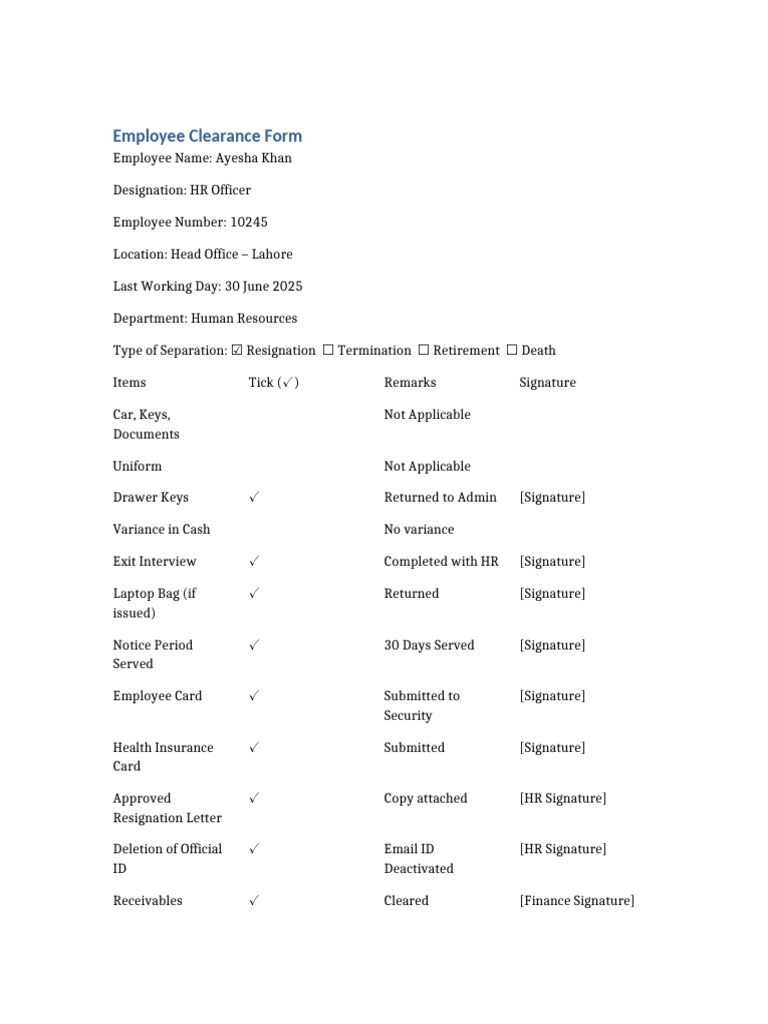 Employee Clearance Form for Ayesha Khan | PDF