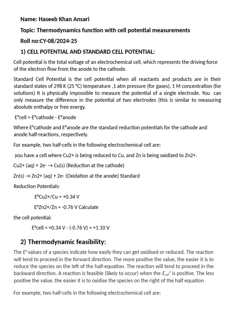 Thermodynamic Assignment | PDF | Gibbs Free Energy | Electrochemistry