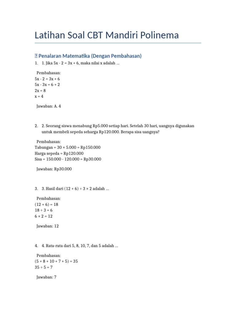 Latihan Soal CBT Polinema Lengkap | PDF