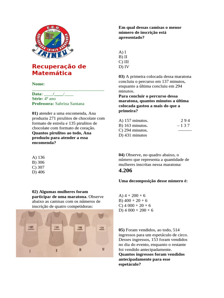 Prova de Matemática 4º Ano CAED 2024 | PDF