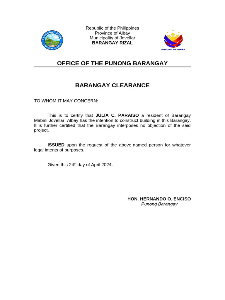 Barangay Clearance for Building Permit | PDF