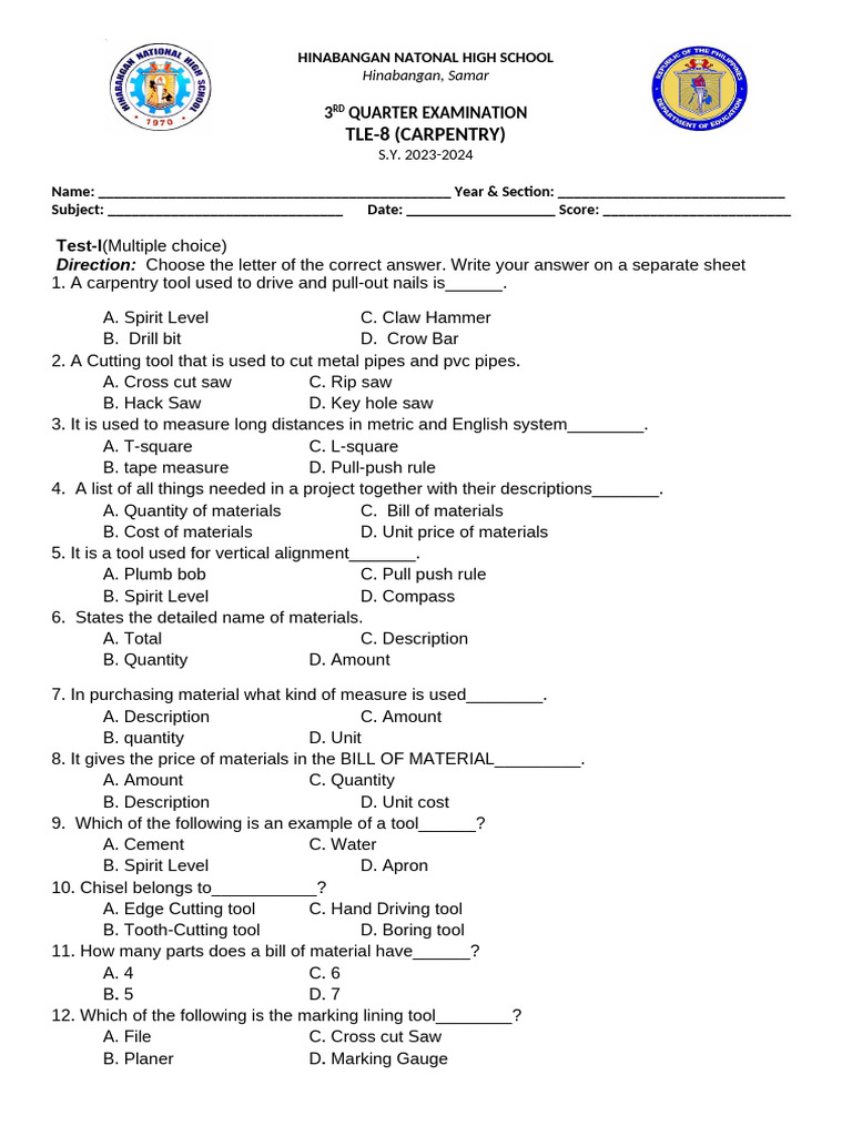 3rd Periodical Capentry | PDF | Foot (Unit) | Drill