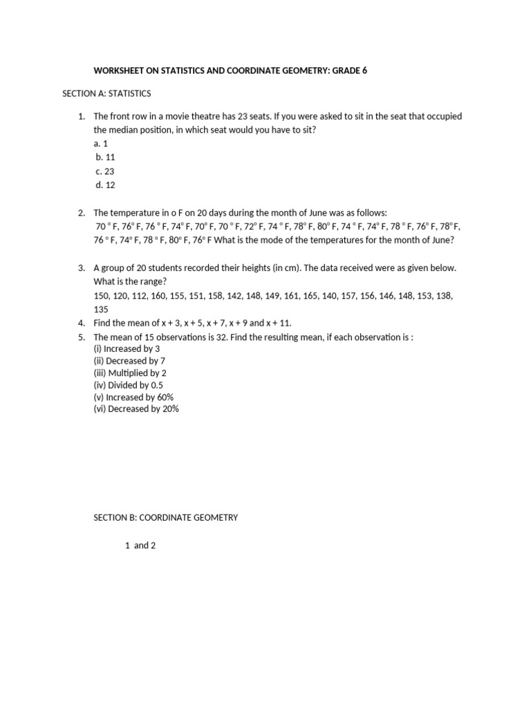 Grade 6 Statstics and Cordinate Geometry Practice Problems | PDF