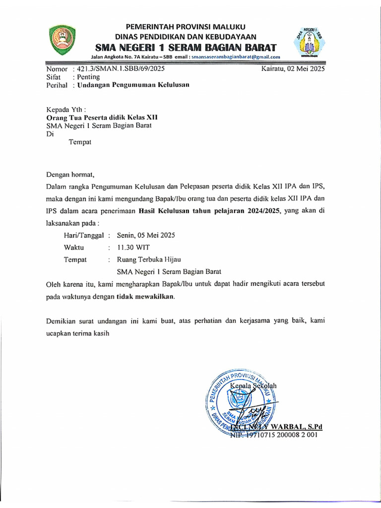 No 69 Surat Undangan Pengumuman Kelulusan Kelas XII 2025 | PDF