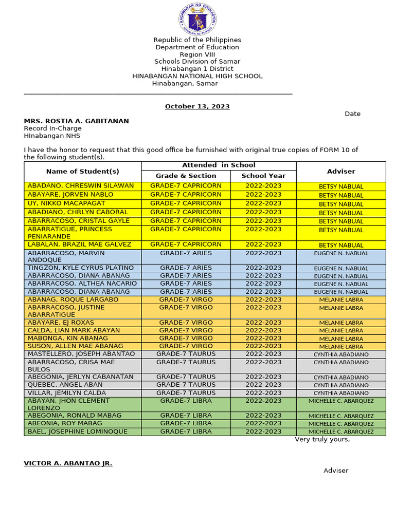 Request for Student FORM 10 Copies | PDF