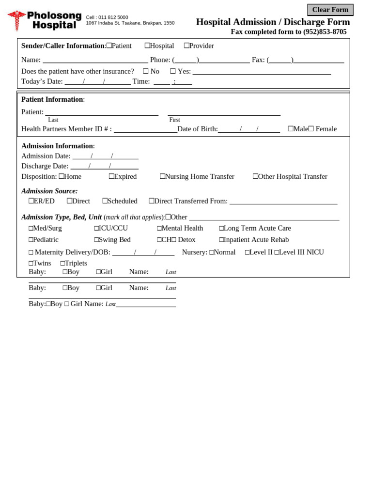 Hospital Admission Form - Maternity Ward | PDF | Hospital | Patient