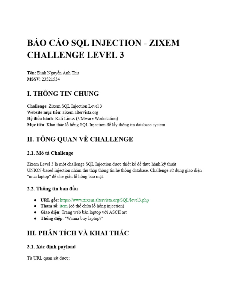 SQL Injection - Zixem Challenge Level 3 - 23521534 | PDF