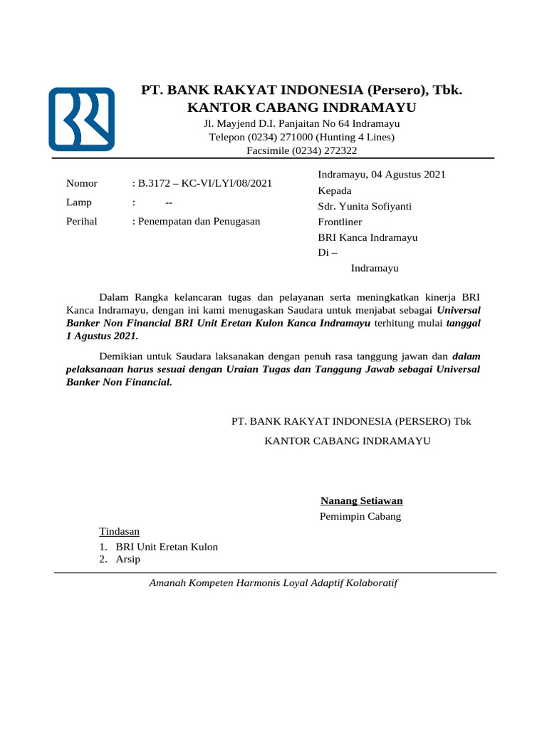 Penugasan Universal Banker BRI Indramayu | PDF
