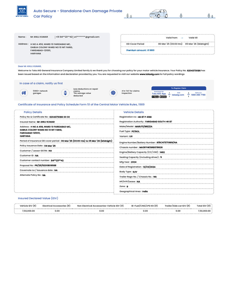 Tata AIG Motor Insurance Policy Details | PDF | Insurance | Deductible