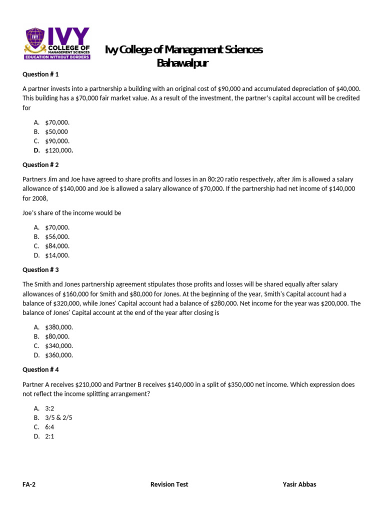 Partnership Accounting Questions and Answers | PDF | Debits And Credits ...