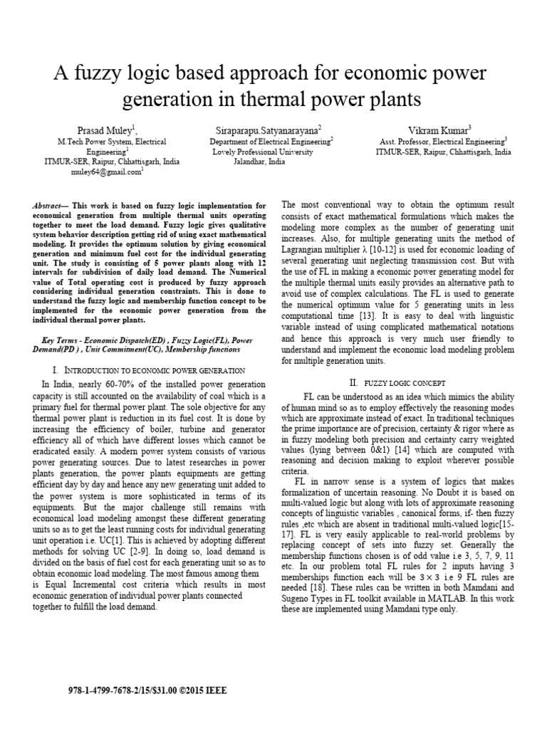 A Fuzzy Logic Based Approach For Economic Power Generation in Thermal Power Plants | PDF | Fuzzy ...