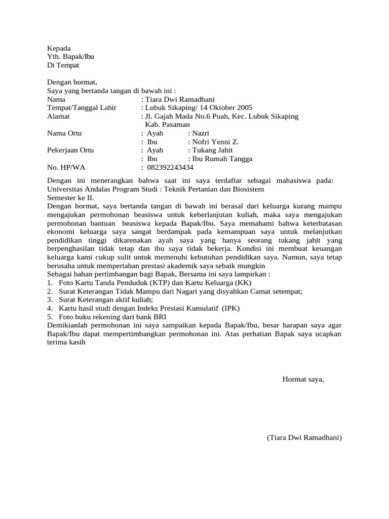 Surat Permohonan Tiara Dwi Ramadhani | PDF