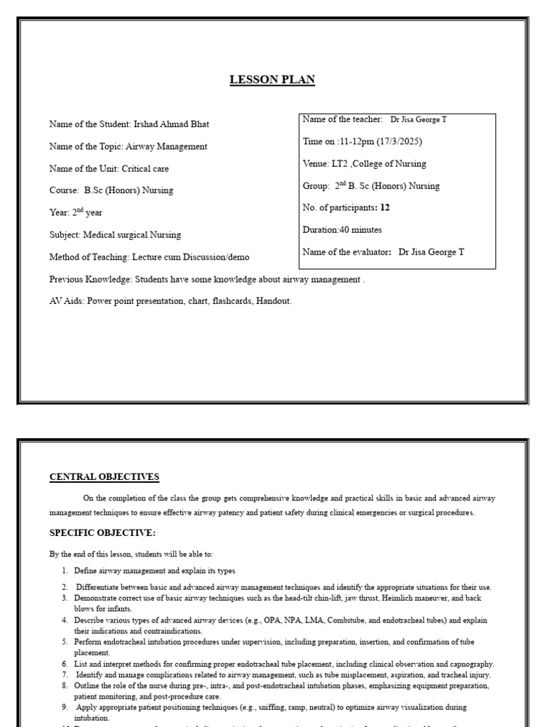 Lesson - Plan ON Management of Airways Demostration Irshad NE | PDF ...