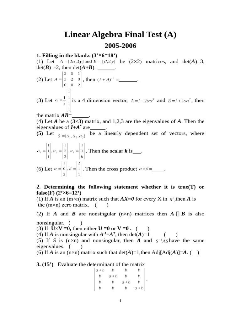 Linear Algebra Final Test (A) : 1. Filling in The Blanks (3'×6 18') | PDF