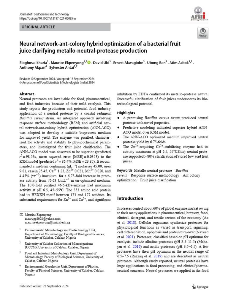 Neural Network-Ant-Colony Hybrid Optimization of A Bacterial Fruit Juice Clarifying Metallo ...