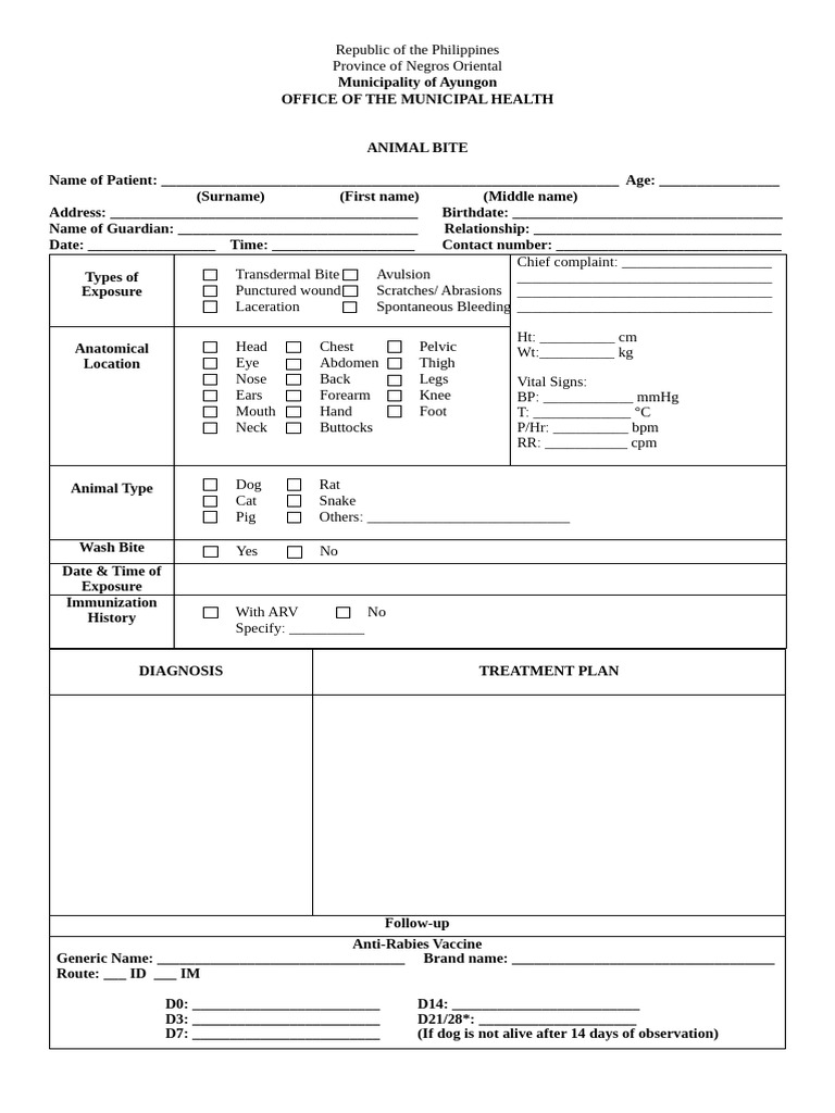 Anti-Rabies Vaccine Administration Form | PDF | Animals And Humans ...