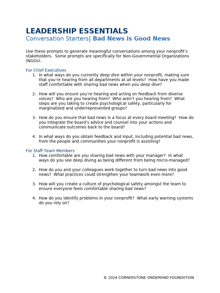 Conversation Starters - Bad News Is Good News | PDF | Nonprofit ...