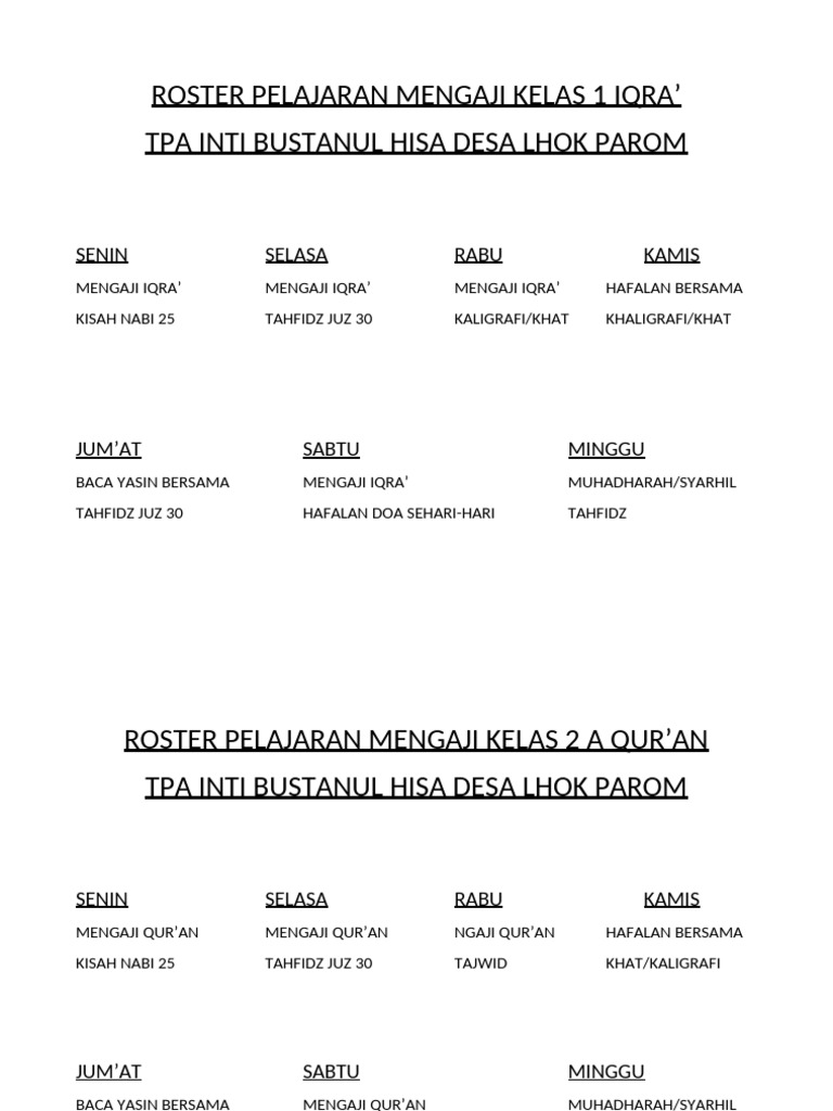 Roster Mengaji Kelas 1-3 TPA Lhok Parom | PDF