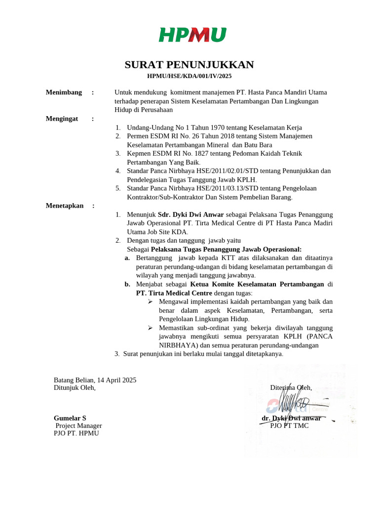 Surat Penunjukkan Pjo Tmc | PDF