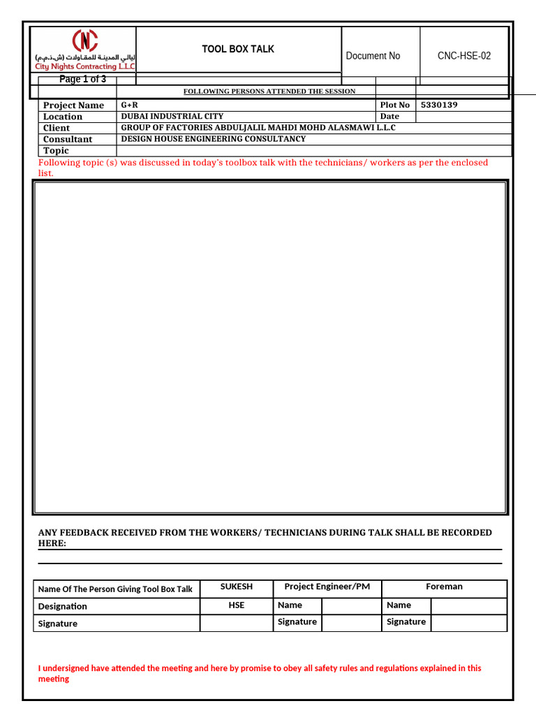 Tool Box Talk Record | PDF