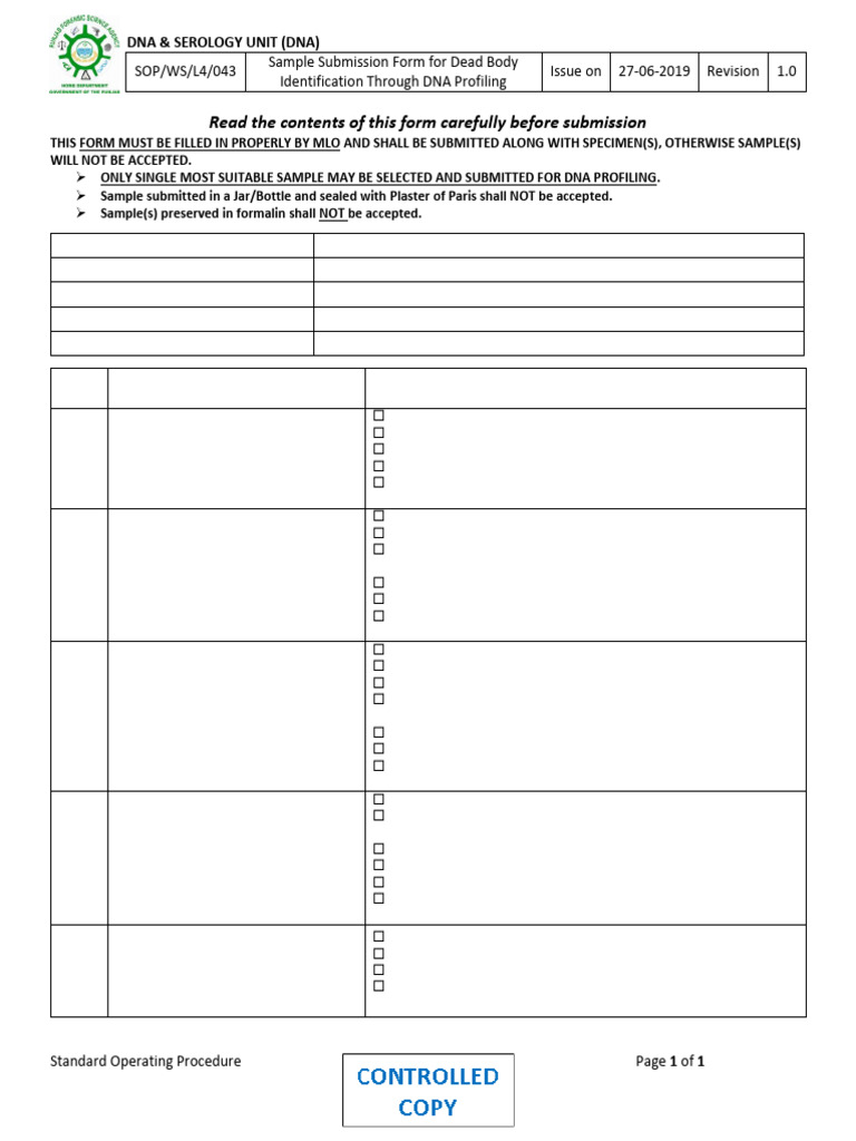 DNA Sample Submission Form For Dead Body Identification Through DNA Profiling | PDF