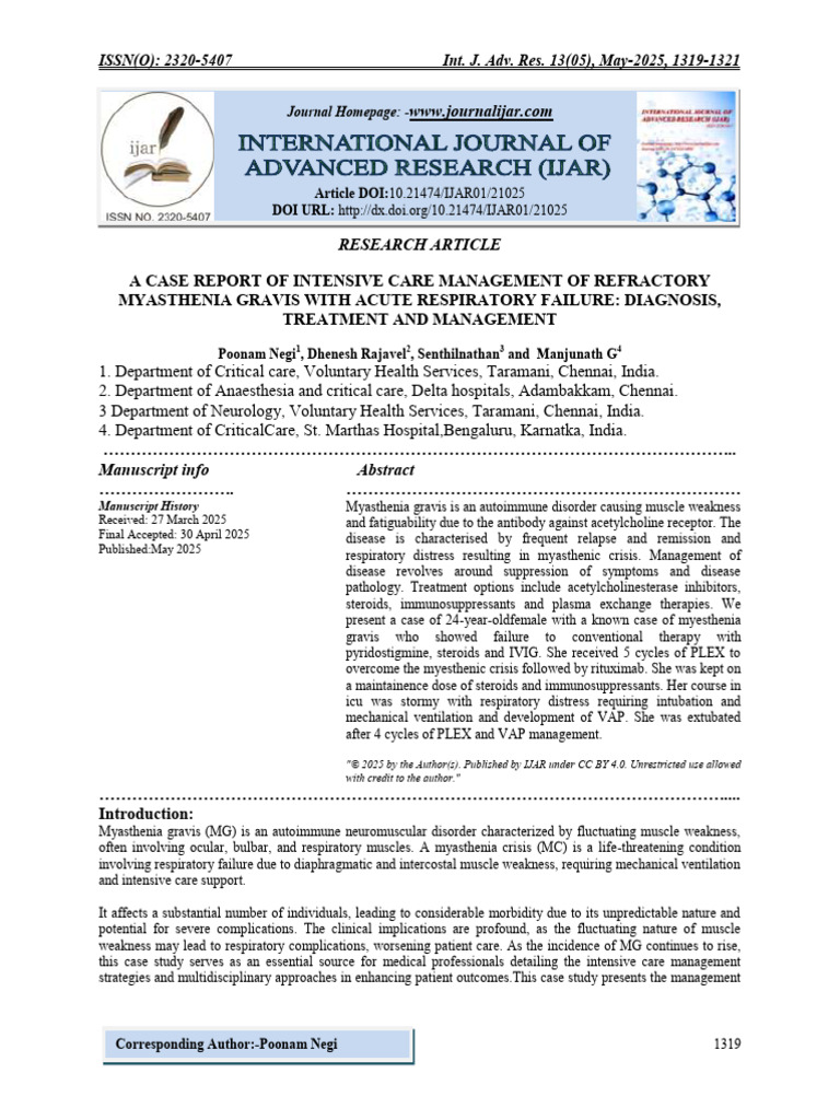 A Case Report of Intensive Care Management of Refractory Myasthenia ...