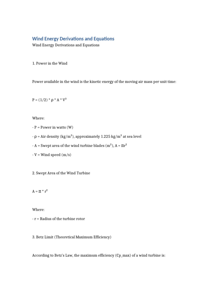 Wind Energy Equations | PDF
