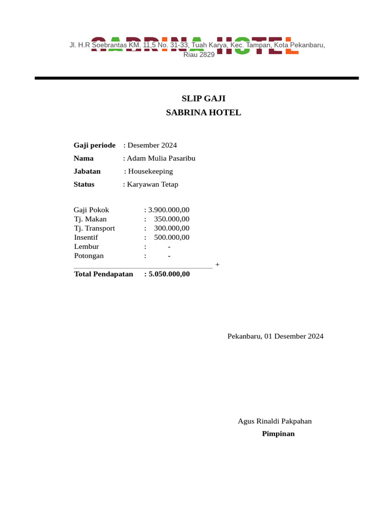 Slip Gaji Adam Mulia di Sabrina Hotel | PDF